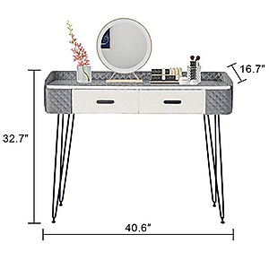 Joveco 40’’ Vanity Table with 2 Drawers- Modern Makeup Vanity Desk- Dressing Table Small Desks for Bedrooms- Home Office Computer Desk- White Marble Wood Veneer/Gold Metal Legs and Gray/White