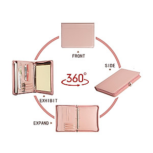 Free Engraved Name, Personalized Portfolio Binder for Women, PU Leather 3 Ring Binder Padfolio Organizer, Business Resume Zippered Portfolio with A4 Writing Pad, Corporate Gift, Customized, Pink