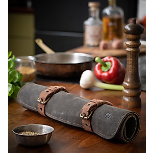 Angus Stoke Knife Roll Bag of genuine buffalo Leather – Handcrafted Chef`s Knife Roll Storage Bag/Case 7 slots – Sean (Olive-Green/Brown)