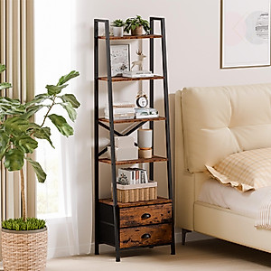 Furologee 5-Tier Ladder Shelf with 2 Drawers,Narrow Bookshelf Storage Shelves,Industrial Bookcase Freestanding Shelf Units for Bedroom,Living Room,Bathroom,Home Office,Balcony,Wood Metal,Rustic Brown