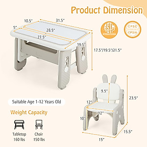 Costzon Kids Table and Chair Set, Graffiti Activity Table w/Flip-Top Tabletop Bookshelf, Erasable Magnetic Drawing Board, Storage, Adjustable Height for Drawing, Toddlers Art Table & Chair (Gray)