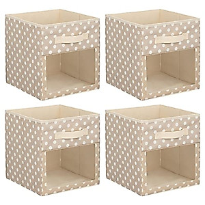 mDesign Fabric Nursery/Playroom Closet Storage Organizer Bin Box, Front Handle/Window for Cube Furniture Shelving Unit, Hold Toys, Clothes, Diapers, Bibs, 4 Pack, Cream/White Polka Dot