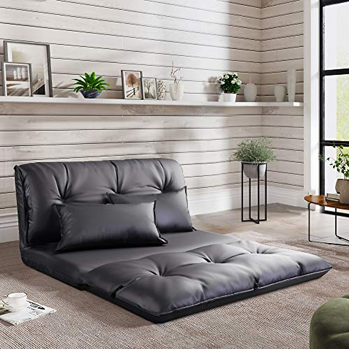EOVTK Adjustable Lazy Sofa with 2 Pillows, PU Leather Loveseat Recliner, 5 Position Floor Couch Video Gaming Foldable Mattress Futon Sleeper Bed for Bedroom, Living Room, Black