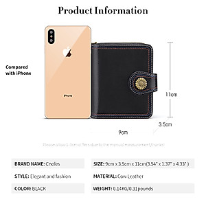 Cnoles Small Genuine Leather Wallets For Women Small Bifold Purse Zipper Pocket Wallet with ID Window Black