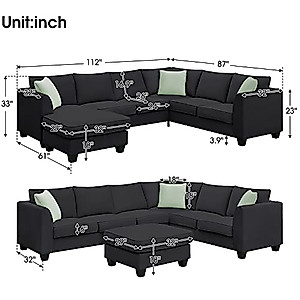 P PURLOVE Modern Large Sectional Sofa, L Shape Fabric Sofa Corner Couch Set with Ottoman and 3 Pillows, Extra Wide Chaise Lounge Couch for Living Room Apartment, Black