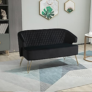 QQU Modern Velvet Loveseat Sofa, Comfy Upholstered Seat Couch with Metal Legs, 2-Seater Accent Sofa Chair, Living Room Sofa with Tufted Backrest, Black