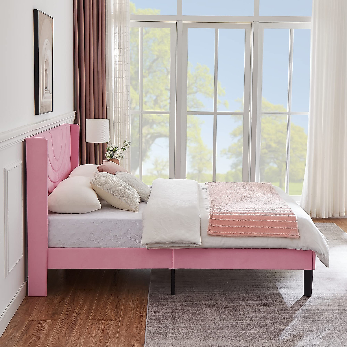 VECELO Full Size Upholstered Platform Bed Frame with Fabric Headboard,Wooden Slats Support/No Box Spring Needed/Mattress Foundation/Easy Assembly,Pink
