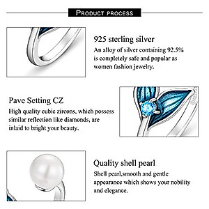 FOREVER QUEEN Mermaid Tail Ring, S925 Sterling Silver Dolphin Tail Adjustable Finger Ring for Women Open Ring with Blue Cubic Zirconia& Shell Pearl Birthday Day Gift