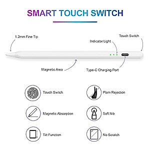Stylus Pen for iPad with Palm Rejection, Apple Pencil for (2018-2022) iPad Pro 11/12.9, iPad 10th/9th/8th/7th/6th Gen, iPad Air 5th/4th/3rd Gen,iPad Mini 6/5 with 4ps Nibs