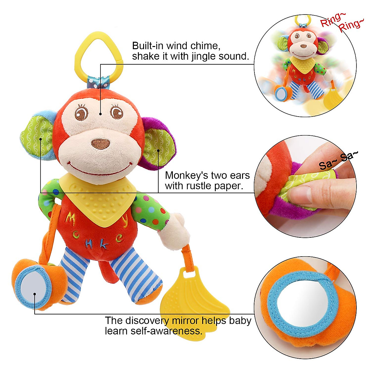 MARUMINE Baby Crib Stroller Hanging Rattle Toy with Teether, Car Seat Toys for 0-12 Months Infant (Monkey)