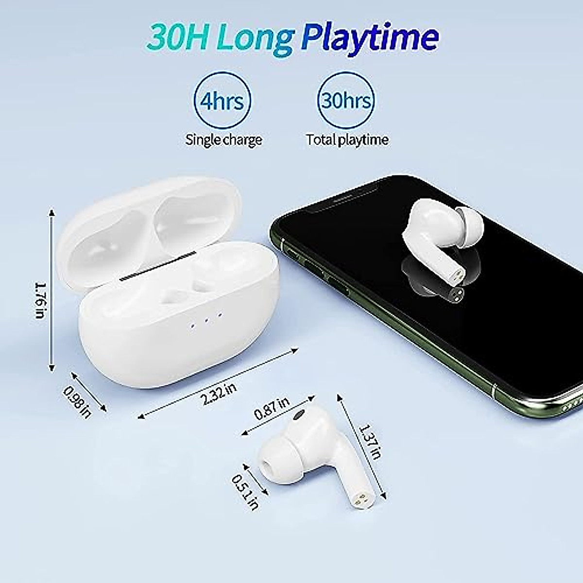 Wireless Earbuds, 30Hrs Playtime Bluetooth Earbuds Built in Noise Cancellation Mic with Charging Case, Headphones with Stereo Sound, IP67 Waterproof Ear Buds Touch Control Smart Pop-up Auto Pairing