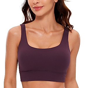 CRZ YOGA Butterluxe Womens U Back Sports Bra - Scoop Neck Padded Low Impact Yoga Clothes Workout Crop Top with Built in Pads Deep Purple Medium