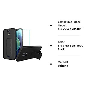Case for BLU View 3 /B140DL Phone Case, Stand Case with Tempered Glass Screen Protector Hide Telescopic Kickstand Shockproof Protective Cover Silicone TPU Case for BLU View 3 /B140DL - Black