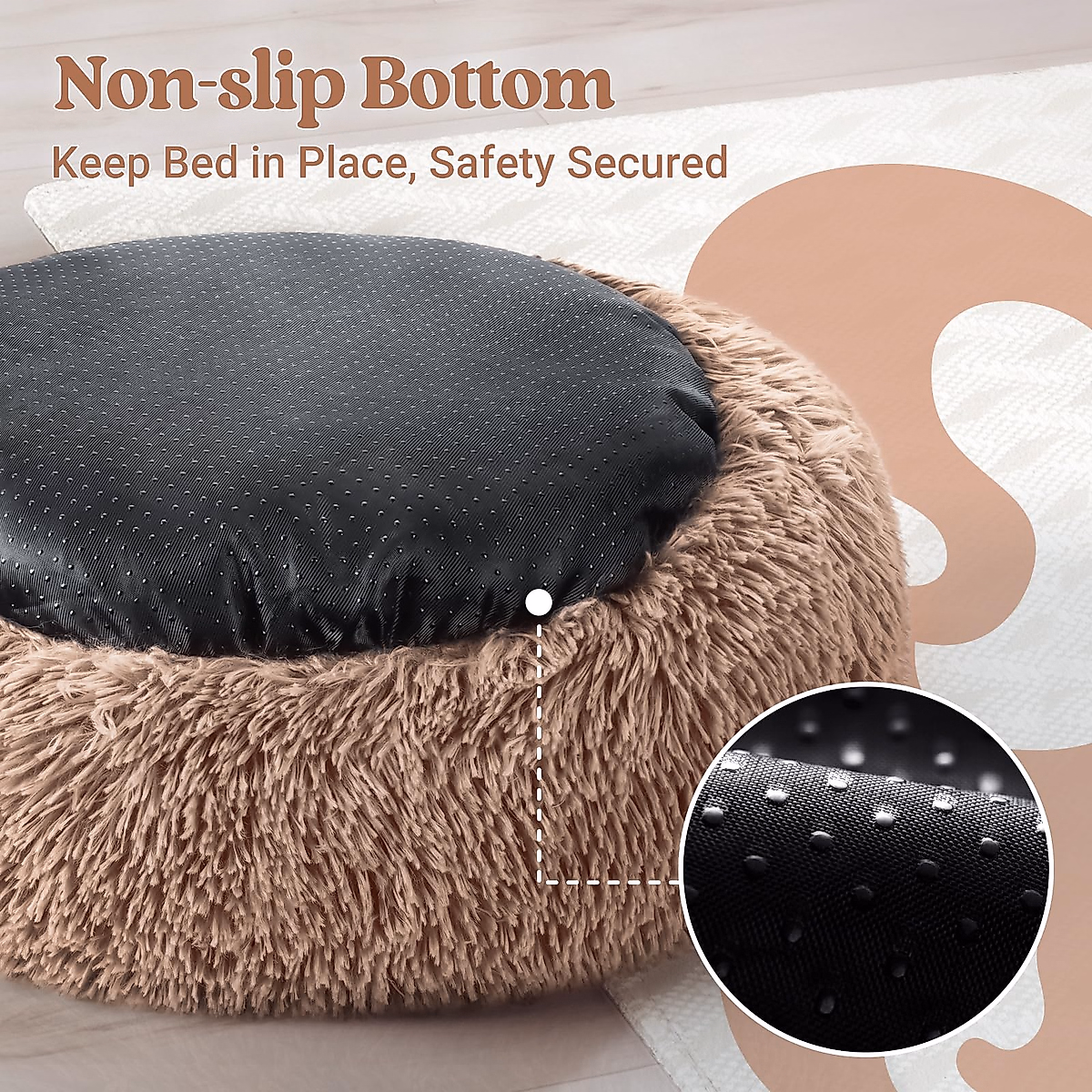rabbitgoo Cat Beds for Indoor Cats, 20 inches Cat Bed Machine Washable, Fluffy Round Pet Bed Non-Slip, Calming Soft Plush Donut Cuddler Cushion Self Warming for Small Dogs Kittens, Light Brown, Medium