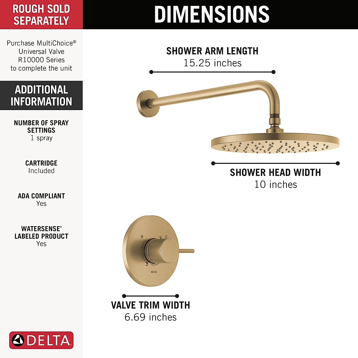 Delta Faucet Modern Raincan Round Single-Function Shower Valve Trim Kit Gold, Shower Faucet Set, Rainfall Shower Head Gold, Delta Shower Kit, Champagne Bronze T14269-CZ-PP (Valve Not Included)