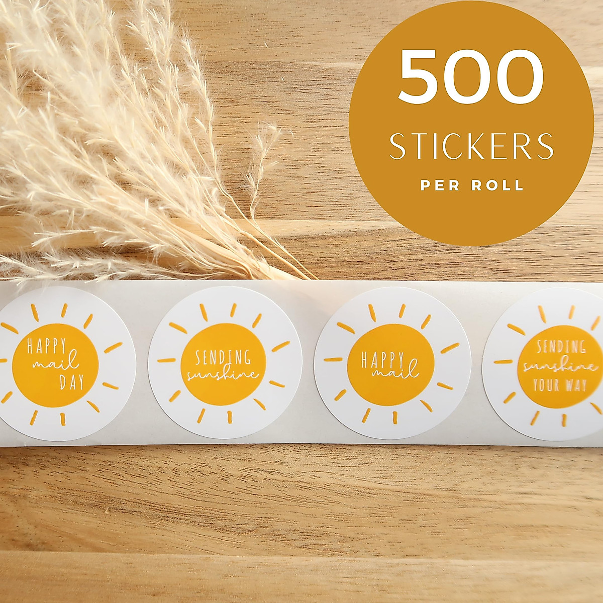 Happy Mail Stickers | Sending Sunshine Yellow Boho Stickers | Cute Packaging for Small Business | 1 Roll with 500 - Round Envelope Seals | 4 Unique Designs | Sunshine Party, Small Business Supplies
