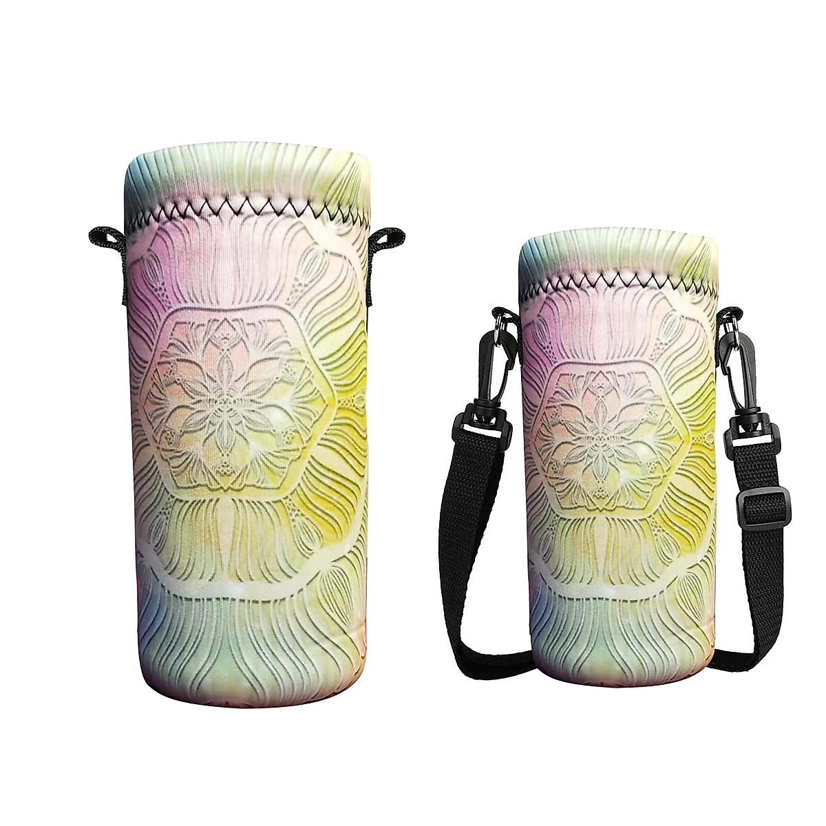 HEABPY Neoprene Water Bottle Carrier ，Water Bottle Strap，Fits 500ml 750ml 1000ml Glass, Plastic, Meta Bottle, Holder with Shoulder Strap,Pouch, Pocket & Carrying Handle (1000ML, Colorful Mandala)