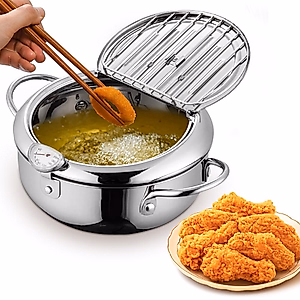 Stainless Steel Deep Fryer Pot,Japanese Tempura Small Deep Fryer for Kitchen Chips Chicken Home Use,2024 Upgraded Stainless Steel Frying Pot with Thermometer and Oil Drip Drainer Rack (9.4in)
