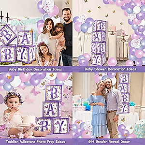Levfla Purple Butterfly Baby Balloons Boxes Decorations, Baby Shower Backdrop Blocks for Girl, Gender Reveal Balloon Garlands with Butterflies Cutouts Floral, Pink Party Table Centerpiece Favor Ideas