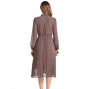 HAOKEKE Women Print Dress Long Sleeves Chiffon Dress Retro Pleated Buttons Down Bow Tie Fairy Lady Dress Brown Grid US 10