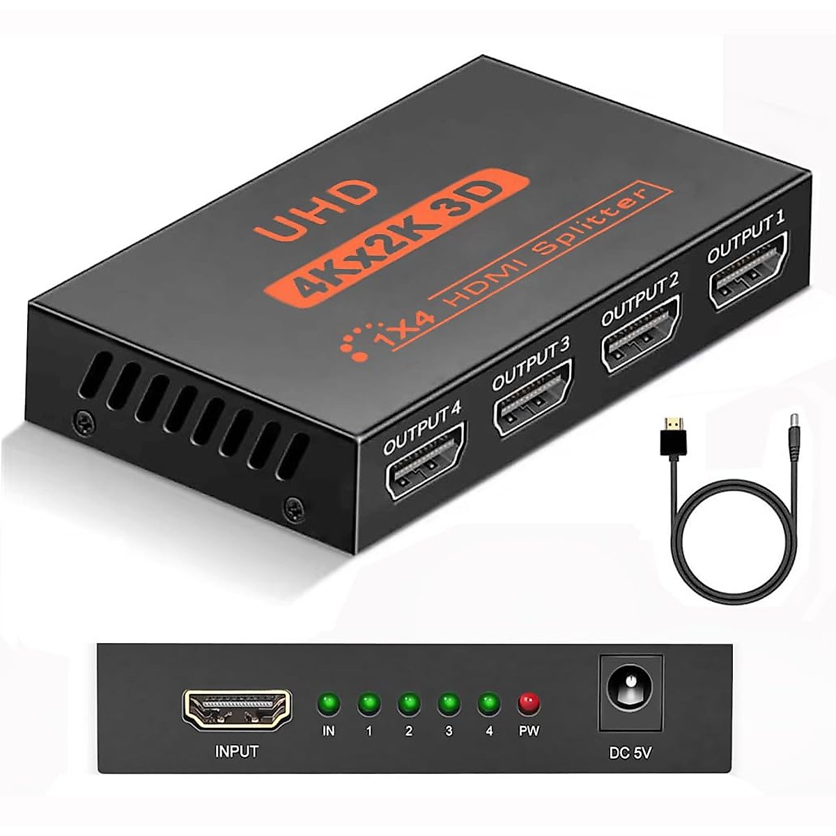 HDMI Splitter 1 in 4 Out 4K, 1x4 HDMI Splitter 3D Full HD 1080P, for Monitors Duplicate/Mirror, Compatible for HDTV PS4 Blu-Ray Player Box STB DVD Player, Projector Etc (1 Source onto 4 Displays)