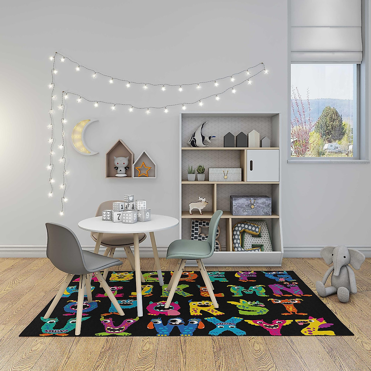 LOKMU Non-Slip Area Rugs Cartoon Fluffy Monsters Alphabet on Black Home Decor Rugs Carpet for Classroom Living Room Bedroom Dining Kindergarten Room 5'x7'