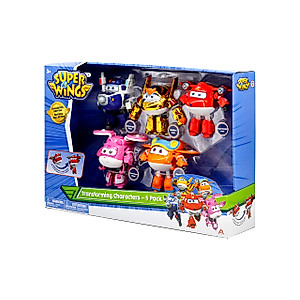Super Wings 5" Transforming Toys 5-Pack, Supercharged Jett, Supercharged Paul, Supercharged Dizzy, Golden Boy & Sunny Airplane Toys Action Figures, Preschool Toy Plane for 3 4 5 Year Old Kids