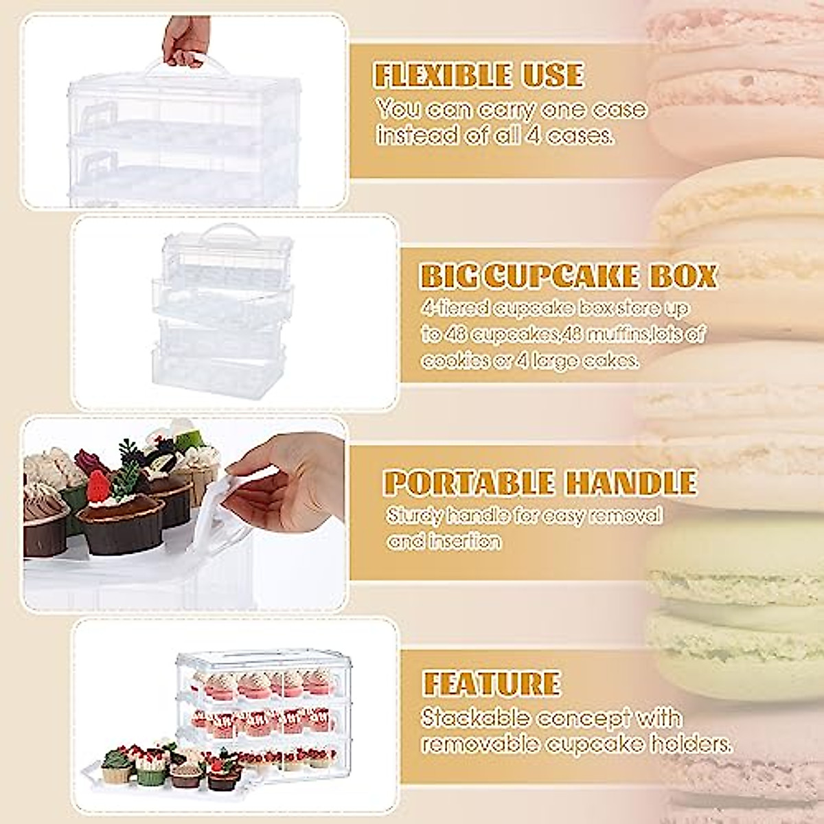 Geetery Cupcake Containers Cupcake Carriers for 48 Cupcakes or 4 Large Cakes 4 Tier Cupcake Holder with Lid Plastic Cupcake Storage Containers Cupcake Box Stackable Trays for Cookie Muffin, White
