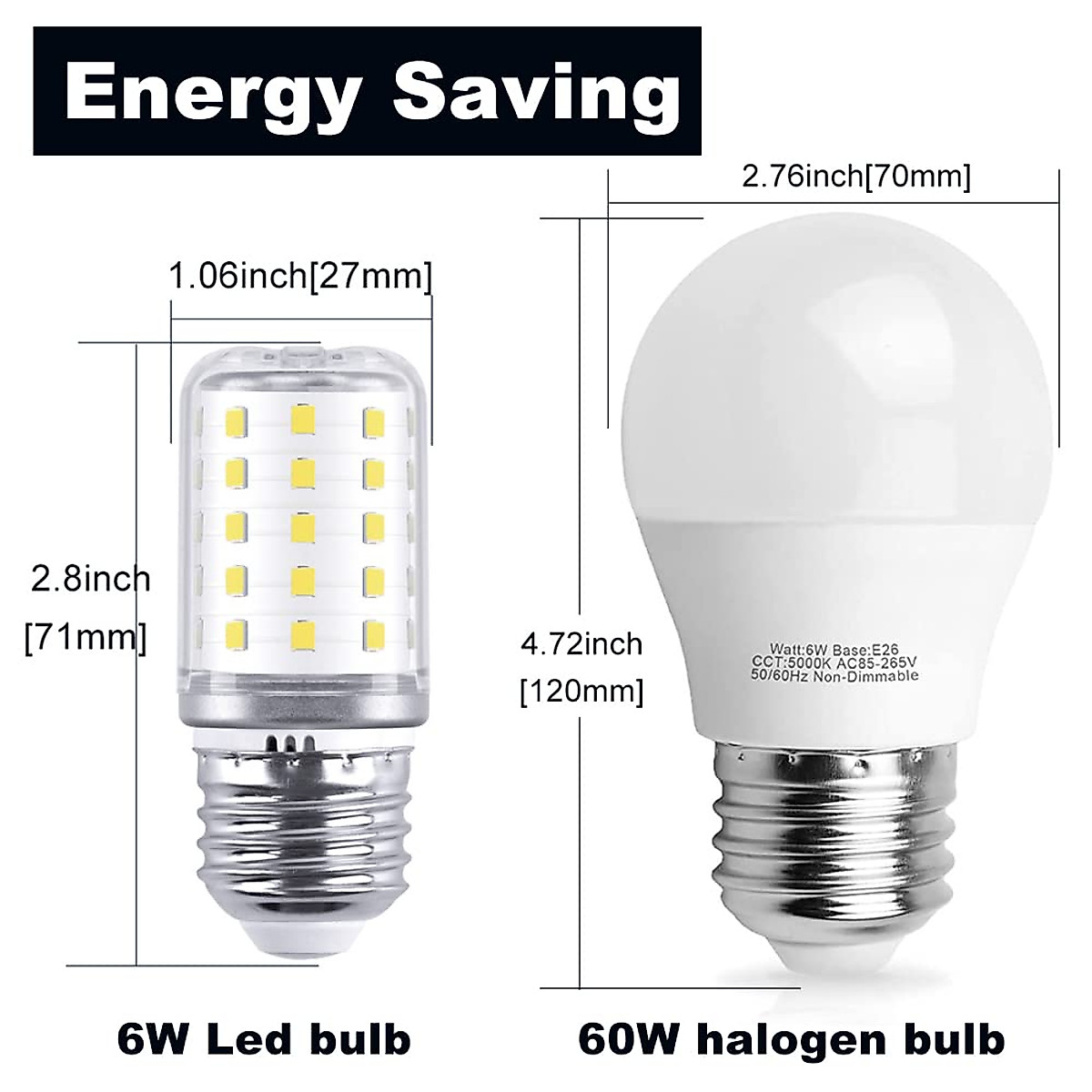 ZSCBBKJ Led Refrigerator Light Bulb Replacement 40W 60W E26 Base Appliance Light Bulb, 6W Daylight White 5000K Medium Base Fridge Light Bulbs, Non-Dimmable Freezer Home Lighting Lamp 2 Pack