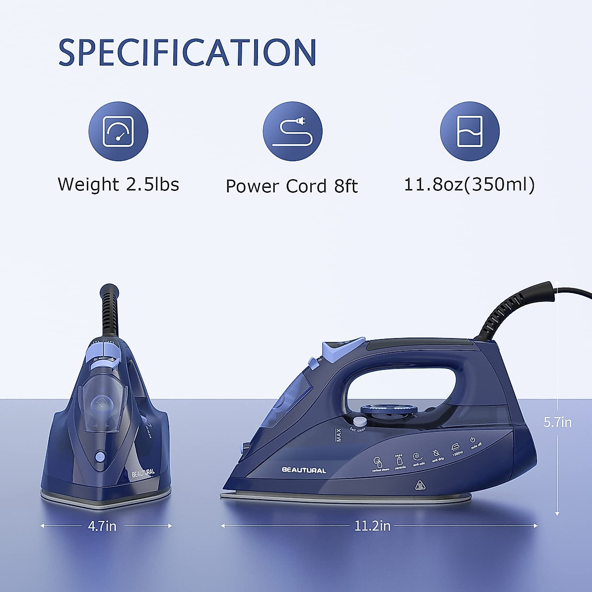 BEAUTURAL Steam Iron for Clothes with Precision Thermostat Dial, Ceramic Coated Soleplate, 3-Way Auto-Off, Self-Cleaning, Anti-Calcium, Anti-Drip