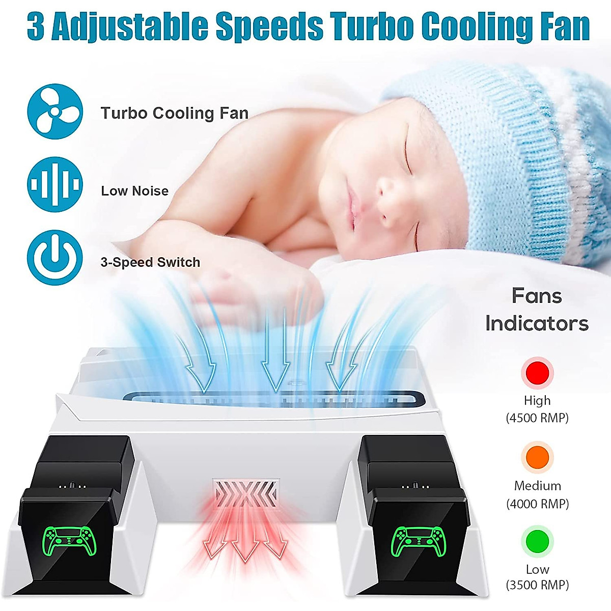 TREE.NB PS5 Stand with Suction Cooling Station, PS5 Controller Charging Station Compatible with Charging Dock Station and 12 Games Storage-Included Cable, Headphone Hook