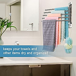 SCDGRW Swivel Towel bar 5 arm - Stainless Steel Bathroom Swing Towel Rack with Hook- Wall Mounted Towel Holder Storage Organizer for Bathroom Kitchen