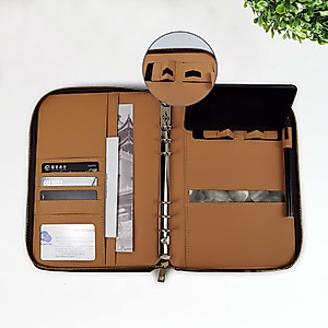 A5 Binder Case PU Leather Portfolio Budget Binder Refillable Notebook Planner Cover with Zipper 6 Rings Money Document Organizer for Business Interview (Brown)