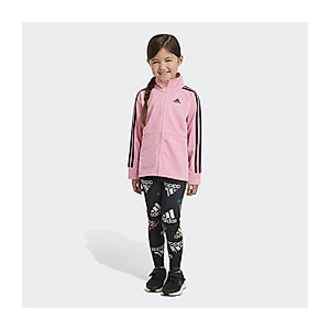 adidas Girls' Zip Front Classic Tricot Jacket and Joggers Set, Bliss Pink, 6 Plus