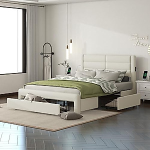 Linique Queen Size Wooden Bed Frame with 3 Storage Drawers,Queen PU Leather Upholstered Platform Bed with Headboard and Charging Station,White