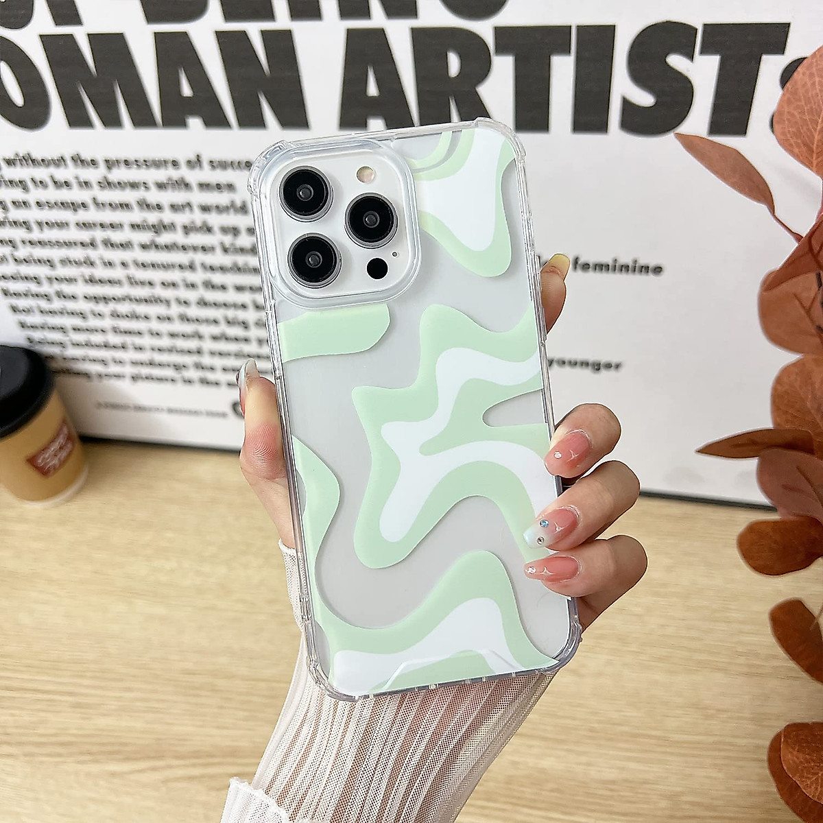 Sayoaho Compatible with iPhone 14 Pro Max Phone Case, Cute Art Wavy Painted for Women Girls, Soft TPU Edge PC Back Protective Shockproof Phone Case-Green