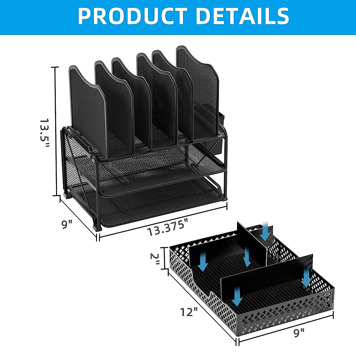 Simple Trending-Mesh Desk Organizer with Sliding Drawer, Double Tray with 5 Sections File Bookshelf, Black