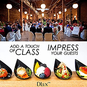 DLux 100 4-in Tear Drop Mini Appetizer Plates with Forks,Reusable Black Plastic Spoons - Desserts and Appetizers Dishes Serving Plate - Asian Spoon Set, Small Catering Dessert Tasting Cups