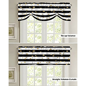 Livencher Tie-Up Valance Curtains for Window - Black and White Stripe Gold Polka Dot Kitchen Valance - Light Filtering Valance Curtains Short Curtains with Adjustable Tie 42"x12"