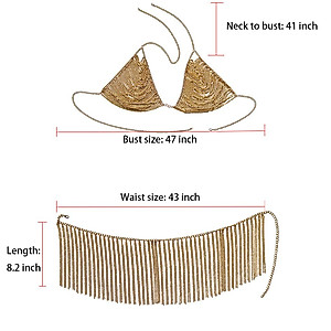Sinkcangwu Womens Body Chain Suit Boho Rhinestone Bra Waist Belly Chain with Tassel Indian Dancing Skirt Dress for Party Halloween Costume Beach Bikini (Gold Metal)