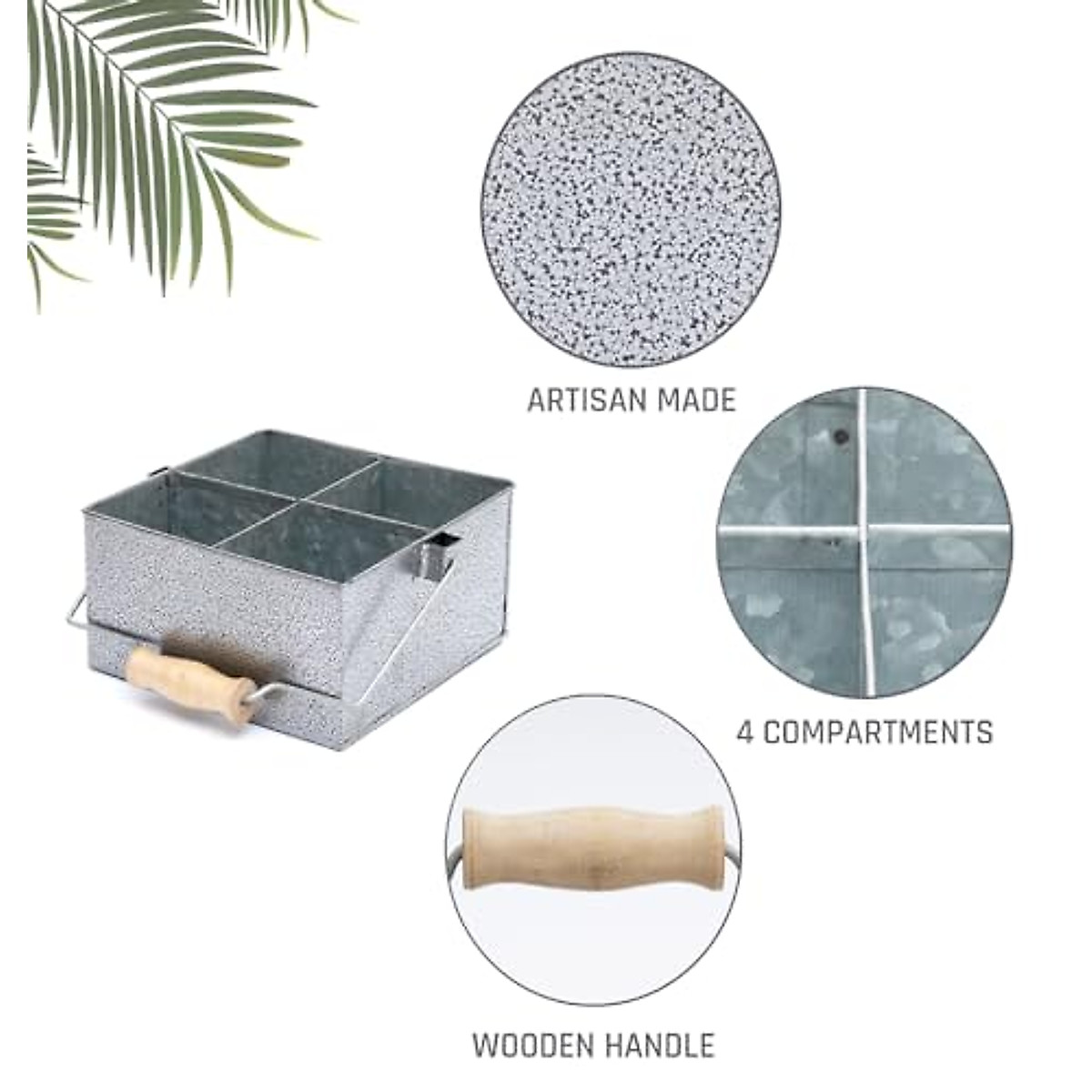 THE ARTIQUE Handmade Farmhouse Galvanized Metal Condiments Square Caddy with Silver Texture and Foldable Handle for KItchen Utenlsils, Dinning Table, Silverware, Picnic, Party Etc-SILVER ANTIQUE