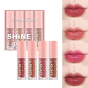 AWCCXMYM 4Pcs Shimmer Lip Gloss Set Plumping Liquid Nude Lipstick Set Moisturizing Lip Stain Long Lasting Non-Stick Cup Not-Fade Shiny Lip Gloss Set for Women Glitter Lip Makeup Kit - Set B