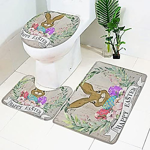 Royalours Happy Easter Bath Sets 3 Piece Rugs Bunny Easter Eggs Floral Wreath Mats Non Slip Water Absorbent U-Shaped Contour Toilet Mat Eggs Spring Flower Lid Cover（ED-Easter-1）