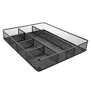 Amazon Basics Desk Drawer Organizer for Office and Home, Metal Mesh, 6 Compartments, Black