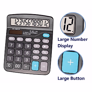 LIJUST Calculators, KK-837-12S Standard Function Desktop Calculator, 12 Digit Large LCD Display, Battery and Solar Powered Basic Calculators for Office, Primary School, Market or Home Use, Black