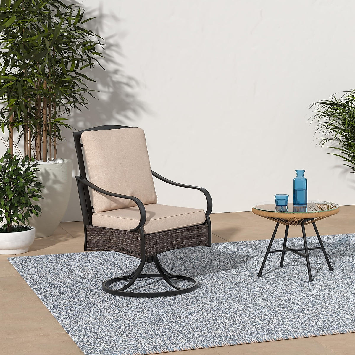 PHI VILLA Patio Swivel Dining Chairs Set of 4, Contemporary Heavy Duty Outdoor Wicker Metal Dining Chairs, Gentle Rocking Patio Furniture Chair with Cushions for Family Deck Garden Lawn Yard