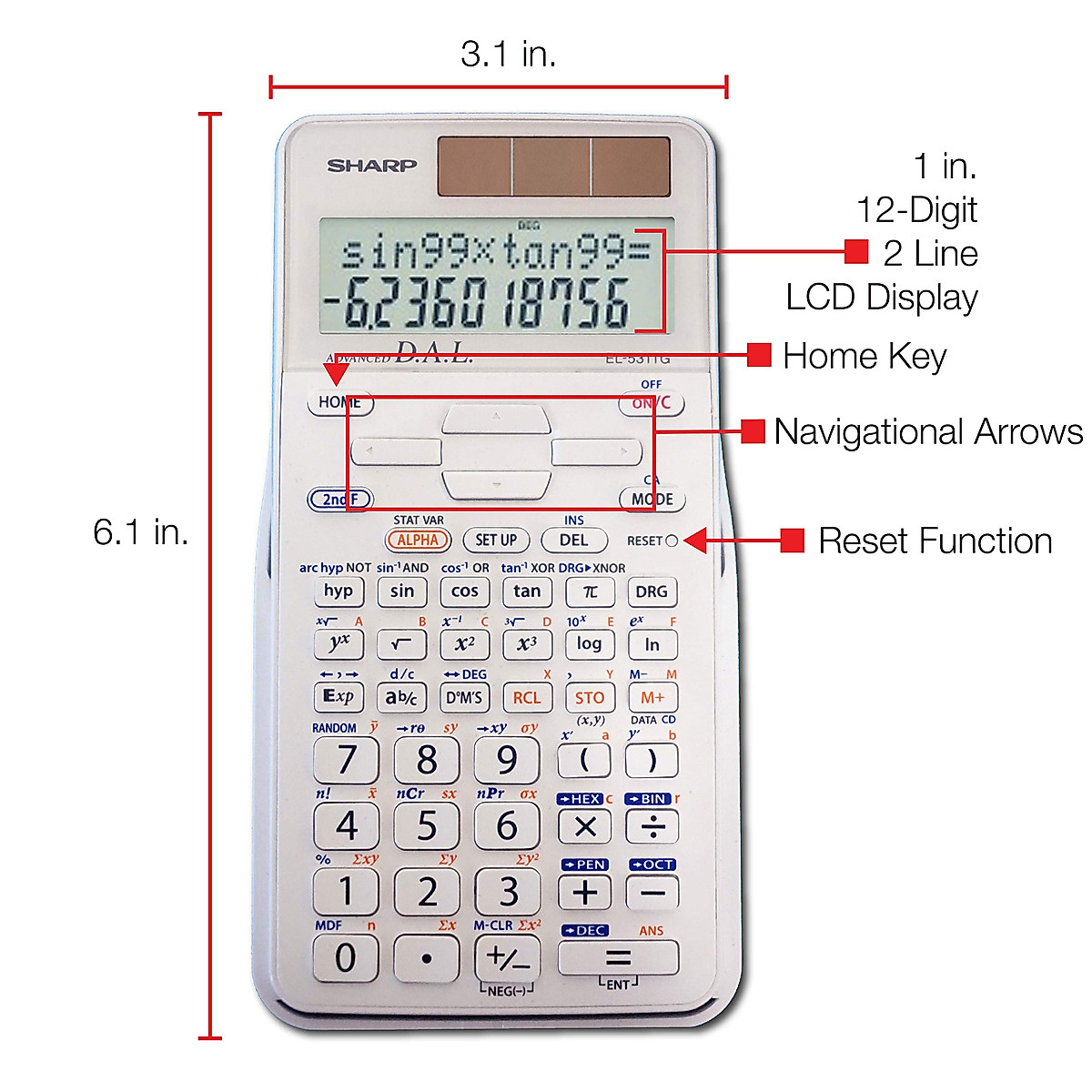 Sharp EL-531TGBDW 12-Digit Scientific/Engineering Calculator with Protective Hard Cover, Battery and Solar Hybrid Powered LCD Display, Great for Students and Professionals, Silver