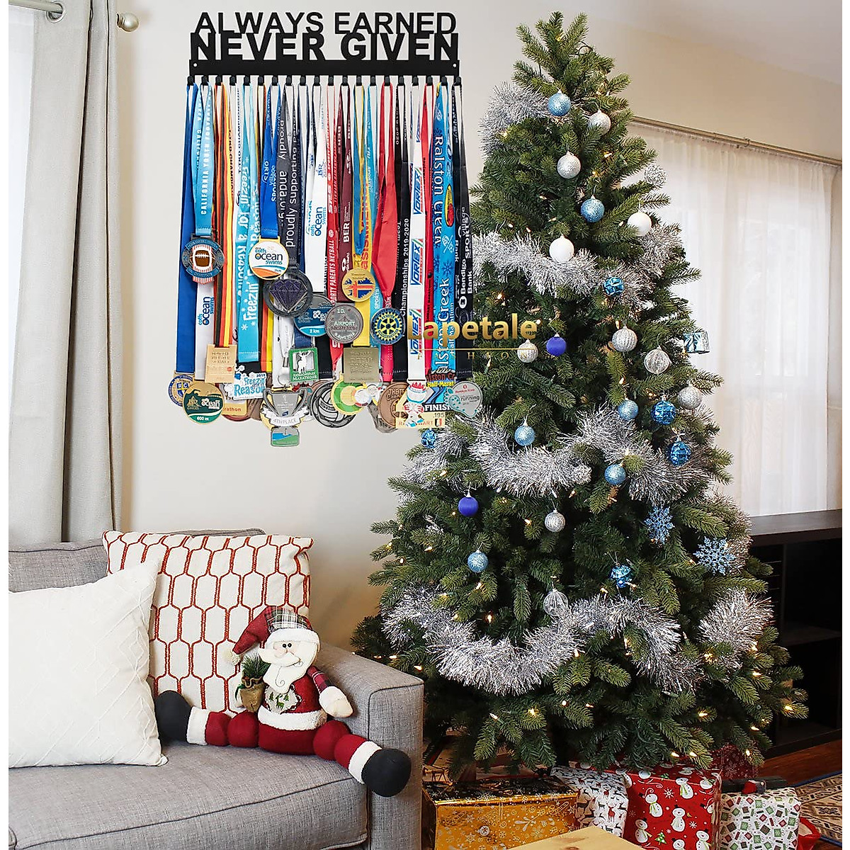 Lapetale Fashion Always Earned Never Given Medal Holder Hanger Display Rack Award Ribbon Organizer for Race,Running,Soccer,Gymnastic,Wrest