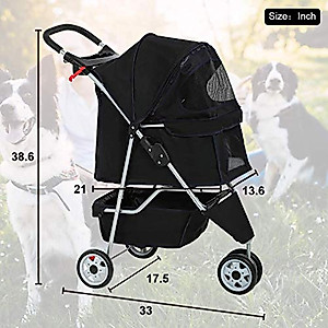 BestPet 3 Wheels Pet Stroller Dog Cat Cage Jogger Stroller for Medium Small Dogs Cats Travel Folding Carrier Waterproof Puppy Stroller with Cup Holder & Removable Liner,Black