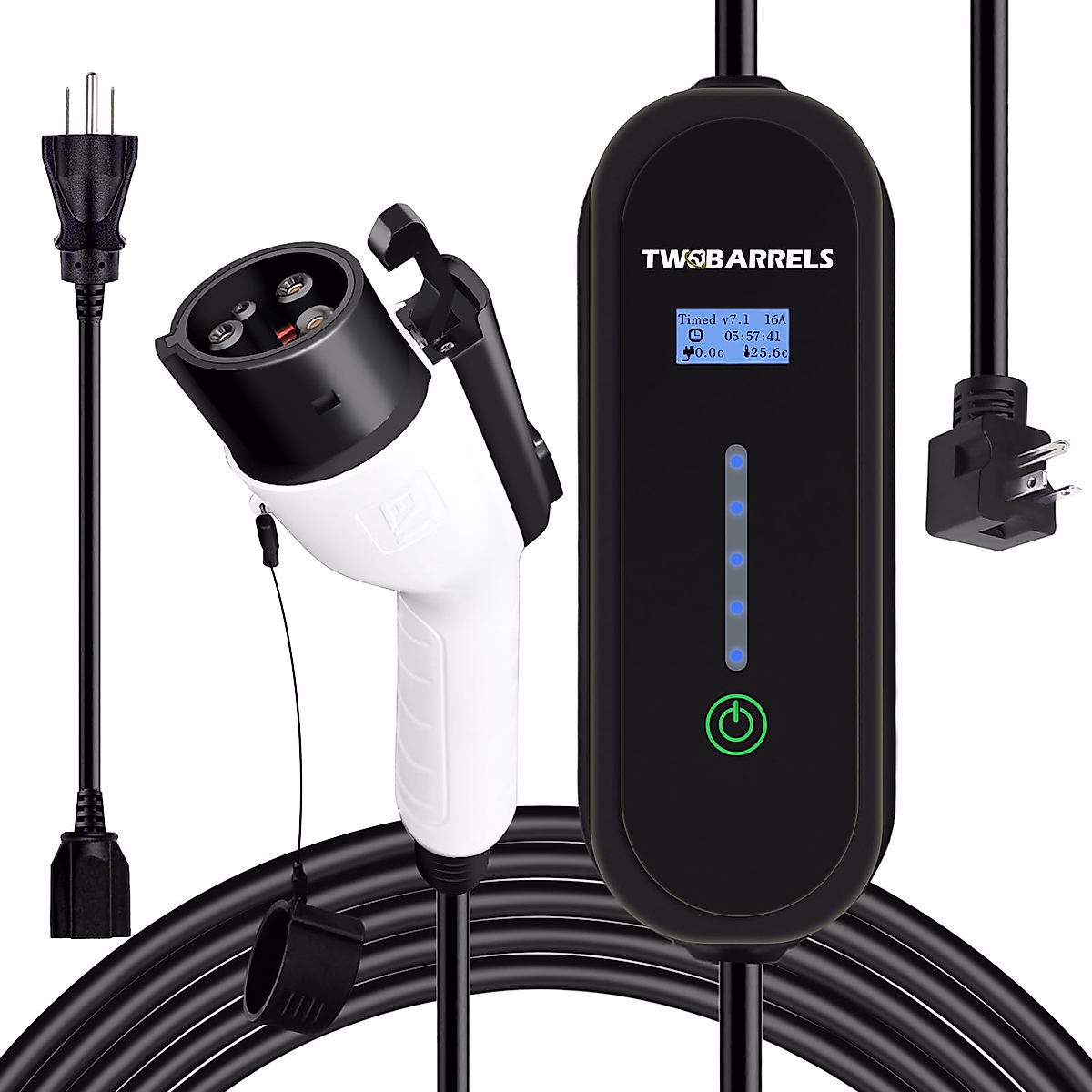 Twobarrels Level 1-2 Portable EV Charger, 16Amp 110-240V 26ft Cable Electric Vehicle Charger, NEMA 6-20 Plug EV Charging Stations with NEMA 5-15 Adapter for J1772 Electric Cars